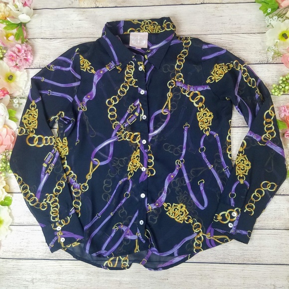 Romeo & Juliet Couture | Tops | Navy Chain Belts Print Buttonup Blouse ...